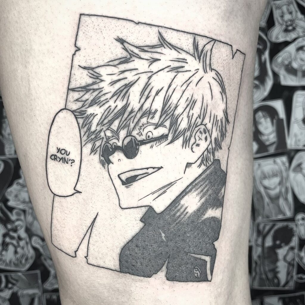 Tetování anime postavička, portrét Gojo Satoru na stehno | Tetovani.cz