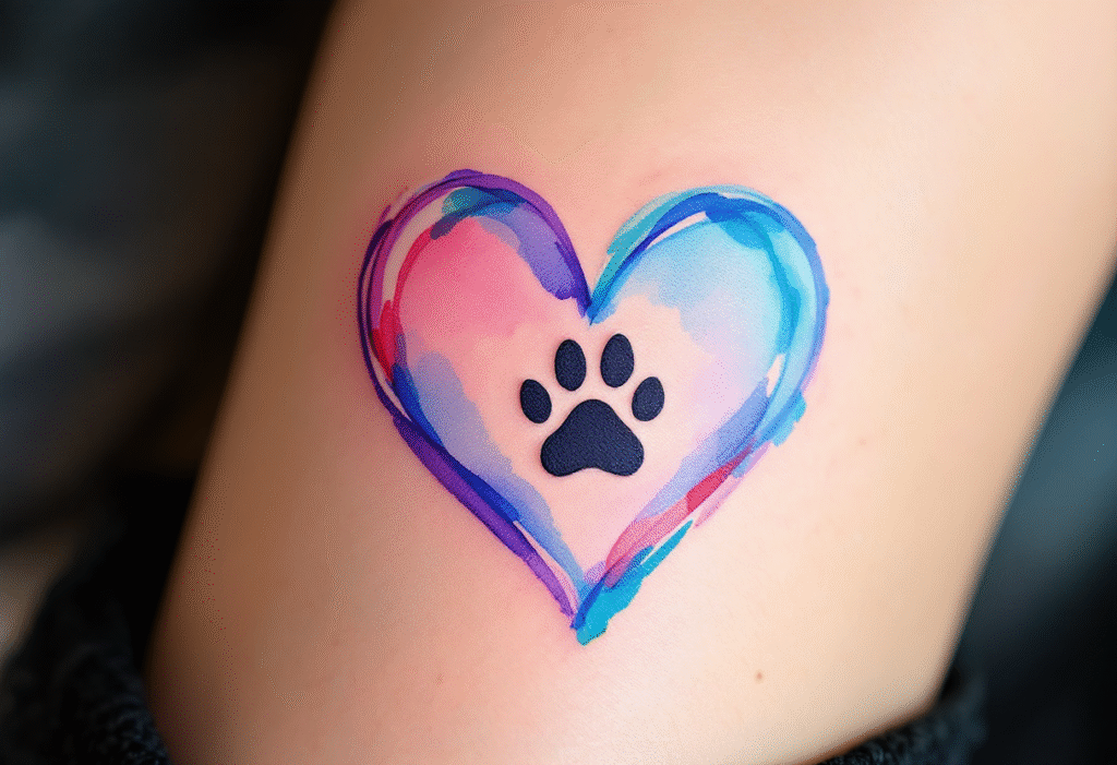 Tetování barevné srdce, tlapka srdce na boku stehna | Tetovani.cz