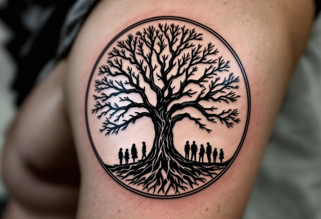 Tetování rodokmen, strom s rodinou na stehno | Tetovani.cz