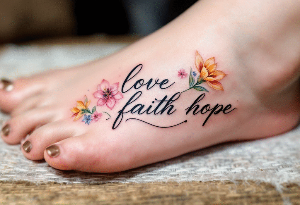 Tetování nápis, láska, víra a naděje s květy na nárt | Tetovani.cz