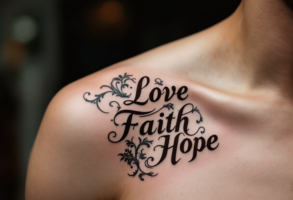 Tetování láska, víra, naděje, nápis pod klíční kost | Tetovani.cz