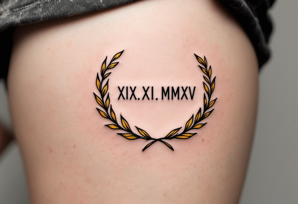 Tetování nápis datum narození, římská čísla, písmena, čísla, větvičky ...