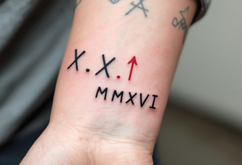 Tetování nápis, římské čísla, písmena, datum, šipka na předloktí ...