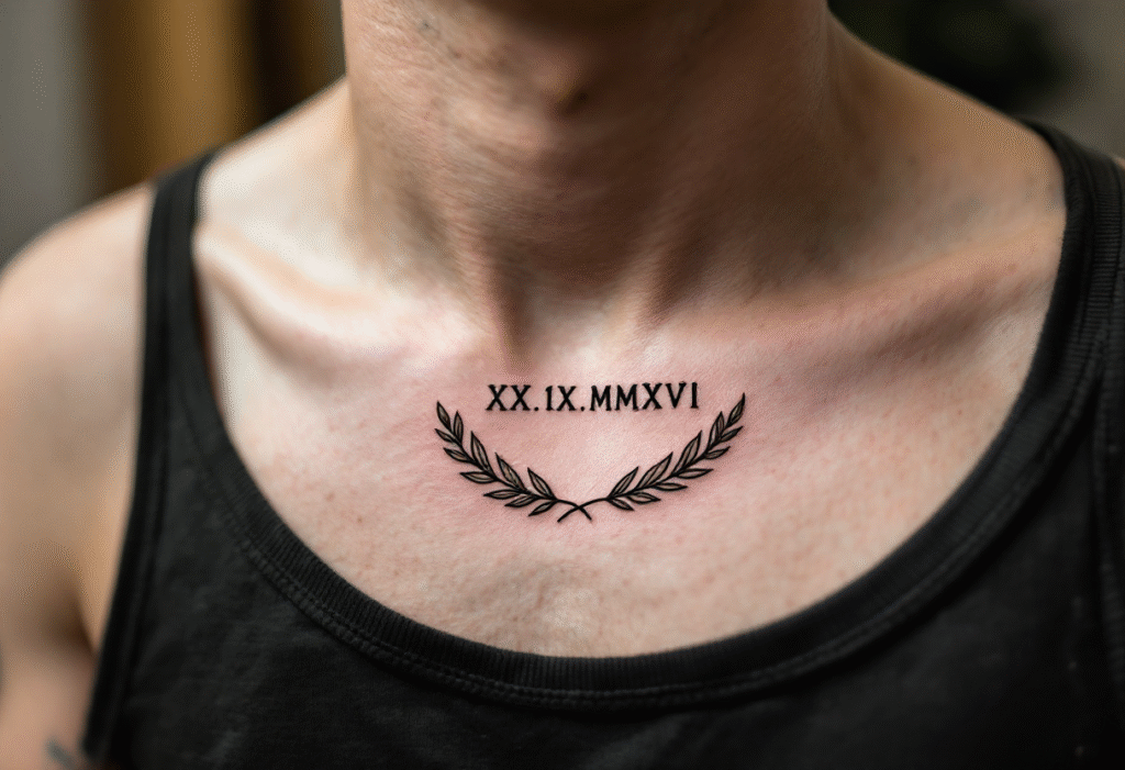 Tetování nápis, římské číslice na hrudník | Tetovani.cz