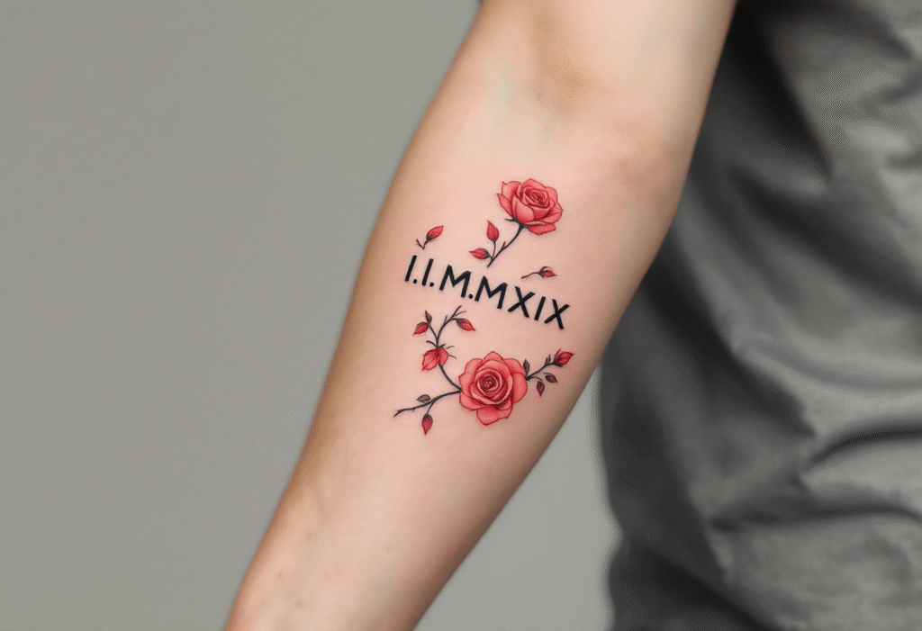 Tetování nápis, římské číslice, květiny na předloktí | Tetovani.cz