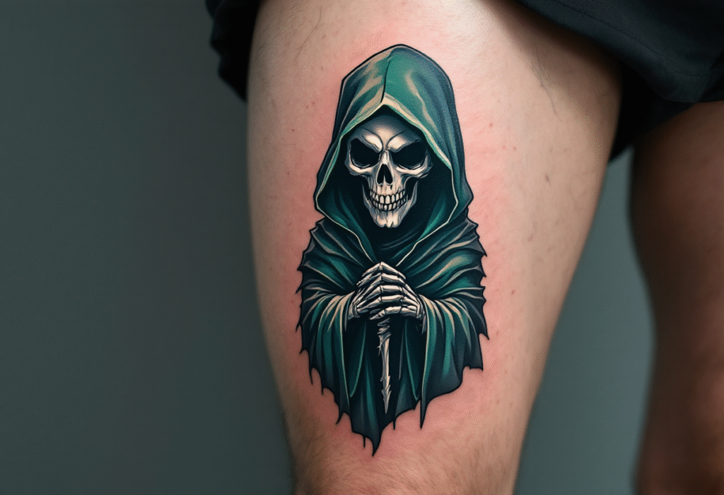 Tetování smrtka v zelené kápi na stehně | Tetovani.cz